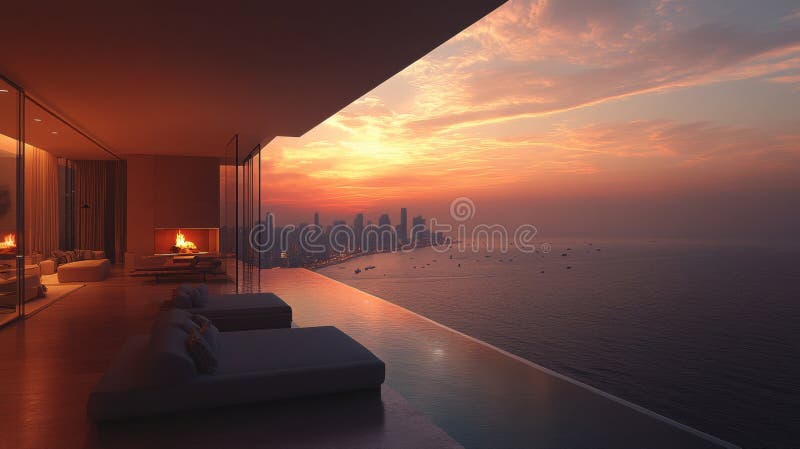 Sunset Penthouse Suite stock photo. Image of fireplace - 363958128