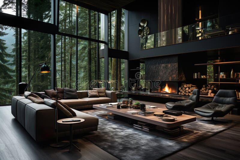 Luxury Apartment in Modern Dark House in the Forest, Generative AI ...