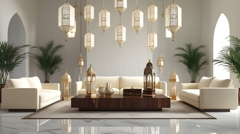 Luxury Arabic Majlis with Traditional Lanterns and Modern Stock Photo ...