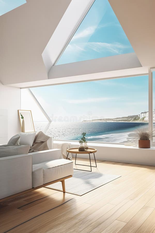 Luxury Attic Bedroom with Panoramic Windows. Minimalist Design, Ocean ...