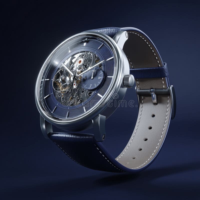 Luxury Automatic Skeleton Watch with Blue Leather Strap Stock ...