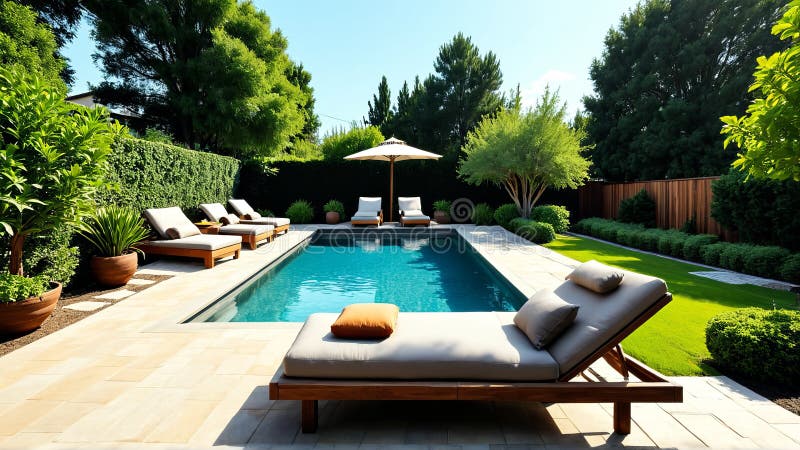 Luxury Backyard Oasis with Pool and Lounge Chairs in Sunlit Garden ...
