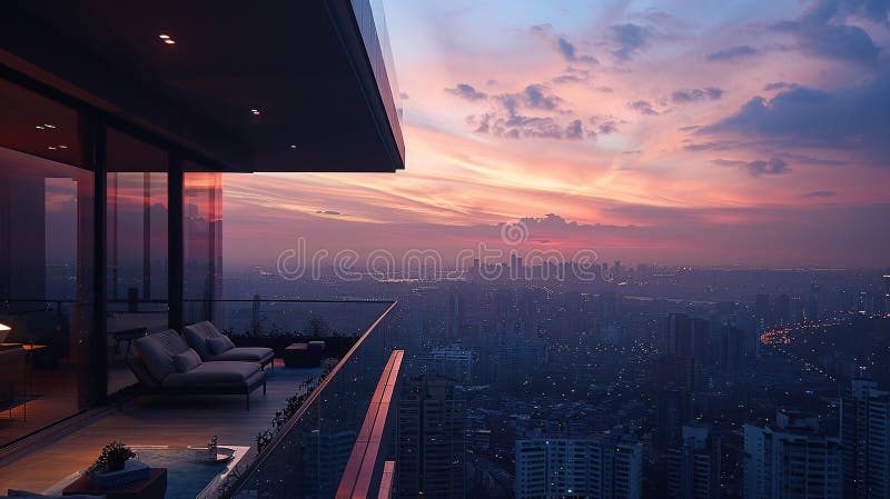 Luxury Balcony with Cityscape Sunset Stock Illustration - Illustration ...