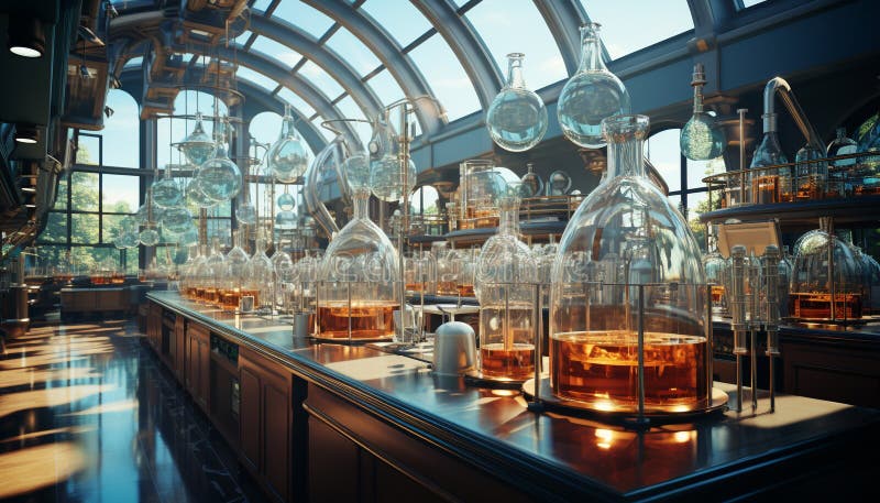 Luxury Bar Inside a Modern Glass Walled Laboratory, Illuminated Blue ...