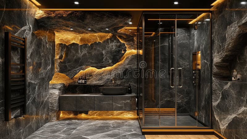 Luxury Bathroom, Dark Marble, Backlit Wall, Shower, Interior Design ...