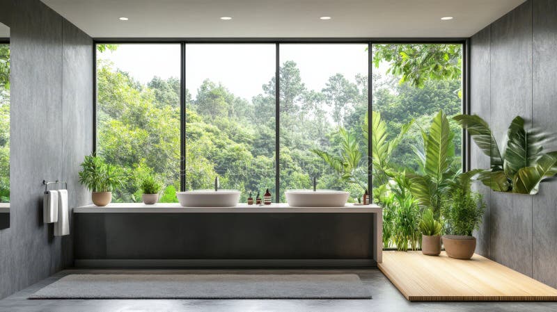 Luxury Bathroom with Double Sinks Accessories Panoramic Window Home Style Stock Illustration ...