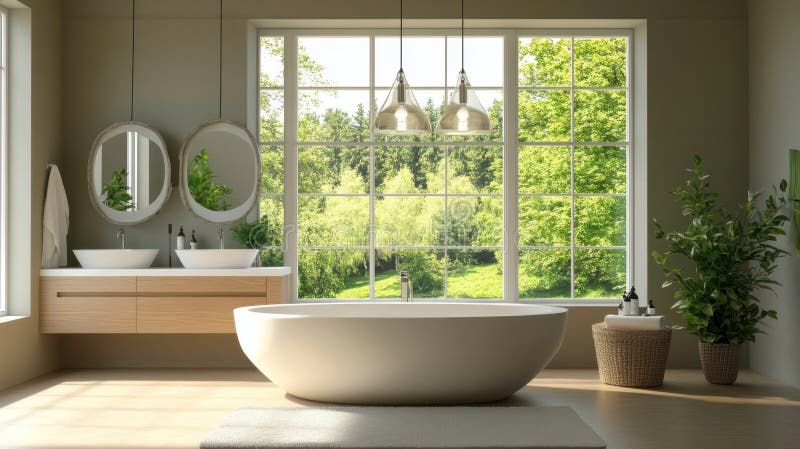 Luxury Bathroom with Double Sinks Accessories Panoramic Window Home Style Stock Illustration ...