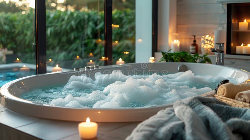 Luxury Bathtub Filled with Water with Foam and Candles Stock Illustration - Illustration of ...