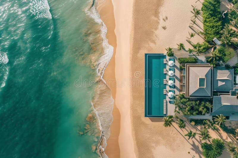 Luxury Beach Home with Pool, Sunny Day Aerial View. Stock Image - Image ...