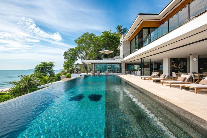 Modern Beach House with Infinity Pool Against Ocean Backdrop. Stock ...