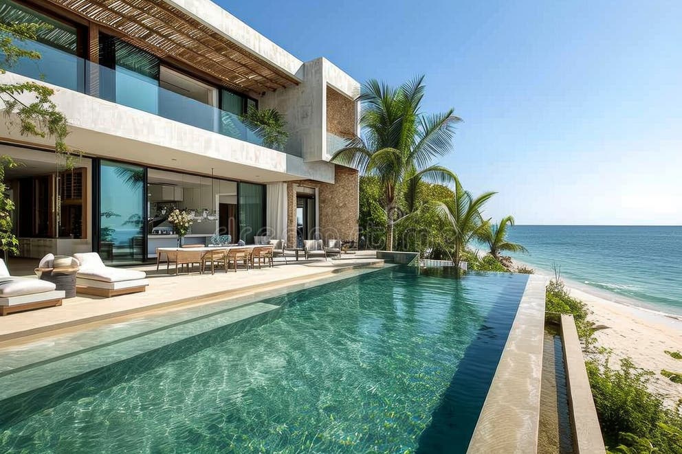 Luxury Beach House with Infinity Pool and Sea View. Stock Photo - Image ...