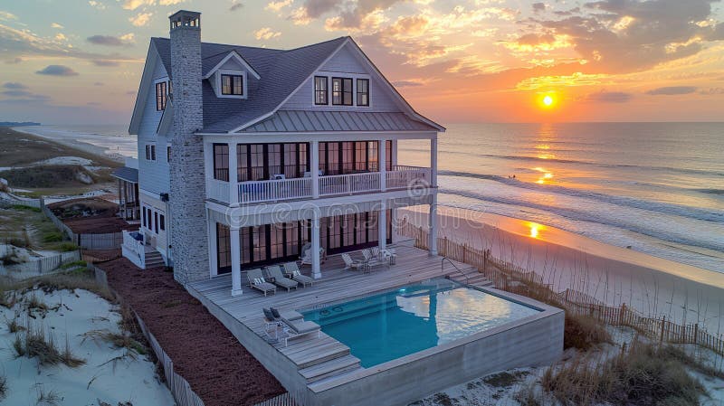 Luxury Beach House with Infinity Pool at Sunrise Stock Illustration ...