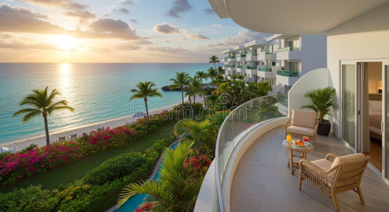 Luxury Beachfront Balcony Sunset View Stock Illustration - Illustration ...