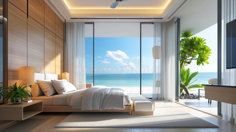 Luxury Beachfront Bedroom with Panoramic View of the Ocean Stock ...