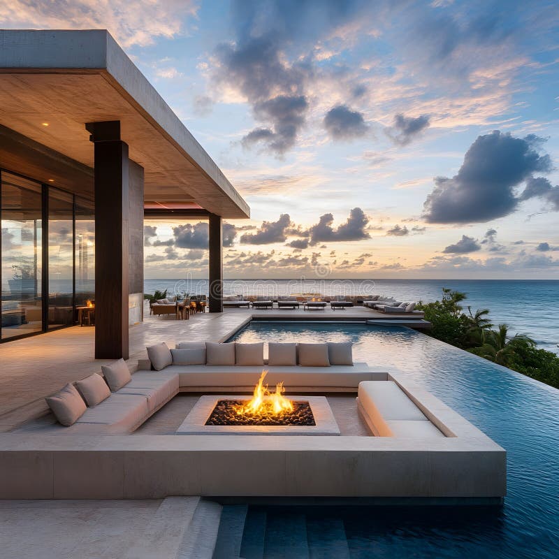 Luxury Beachfront Home with Infinity Pool and Sunset View Stock ...