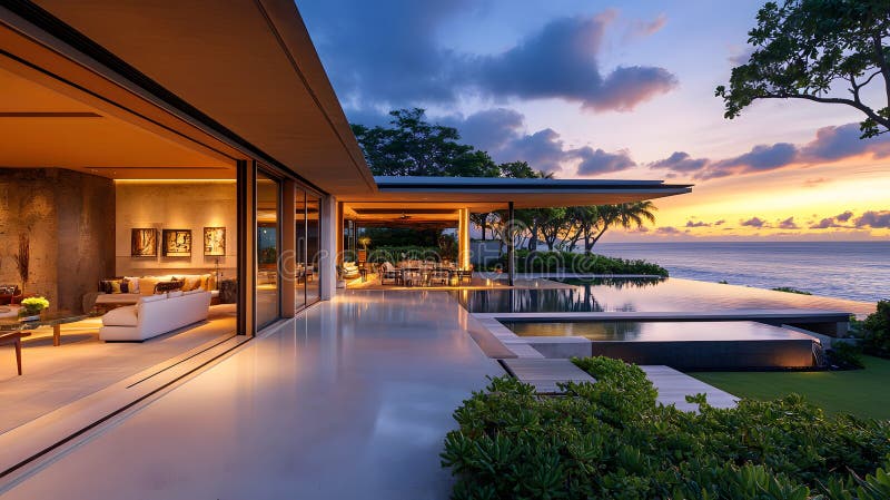 Luxury Beachfront House with Infinity Pool at Sunset Stock Illustration ...