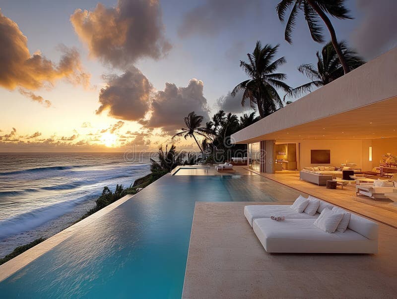 Luxury Beachfront Property with Infinity Pool Facing Ocean at Sunset ...