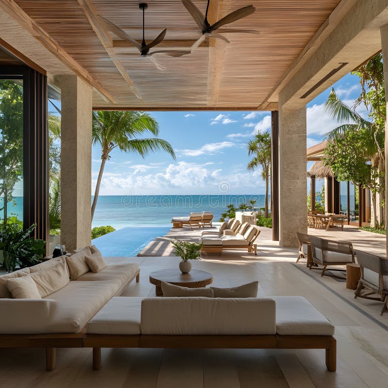 Luxury Beachfront Villa with Infinity Pool and Expansive Patio Stock ...