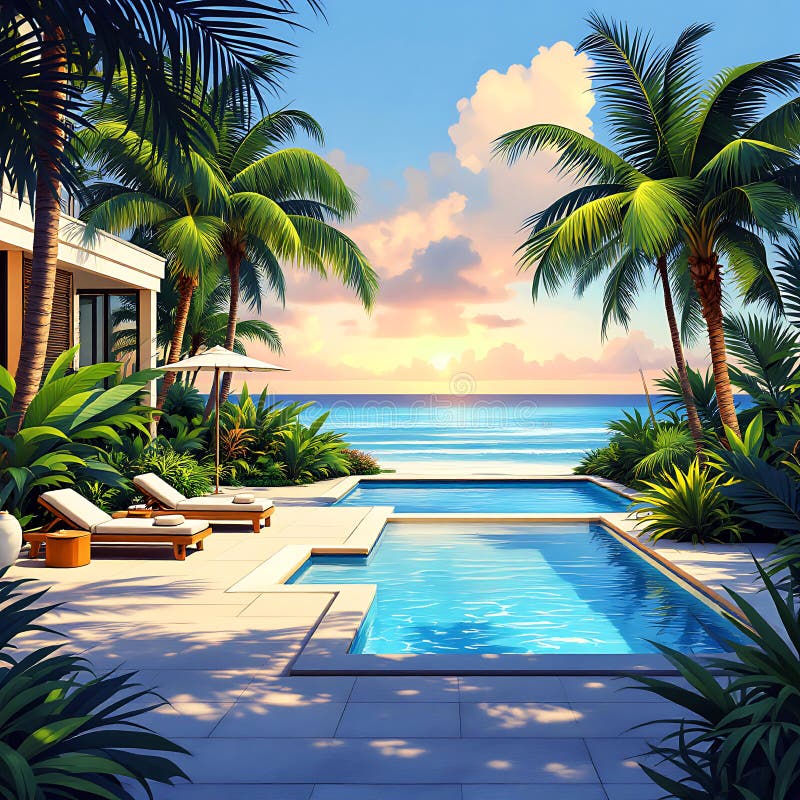 Luxury Beachfront Villa with Pool at Sunset in Miami Stock Image ...