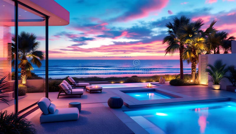 Luxury Beachfront Villa at Sunset: Tranquil Oceanfront Paradise Stock ...