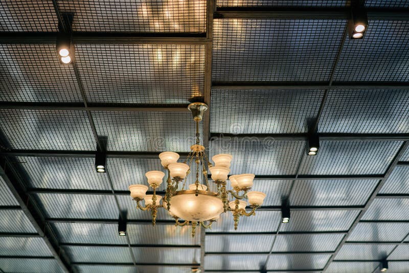 Luxury Beautiful Crystal Chandelier in Exhibition Hall Ceiling Stock ...