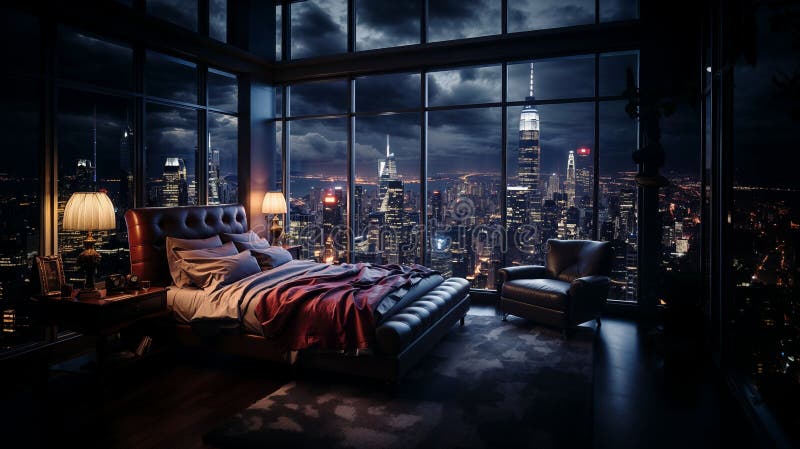Luxury Bed Room in a Skyscraper with Aerial View of the Cityscape at ...