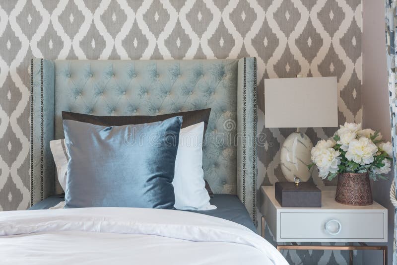 Luxury Bedroom with Classic Single Bed and Set of Pillows Stock Image ...