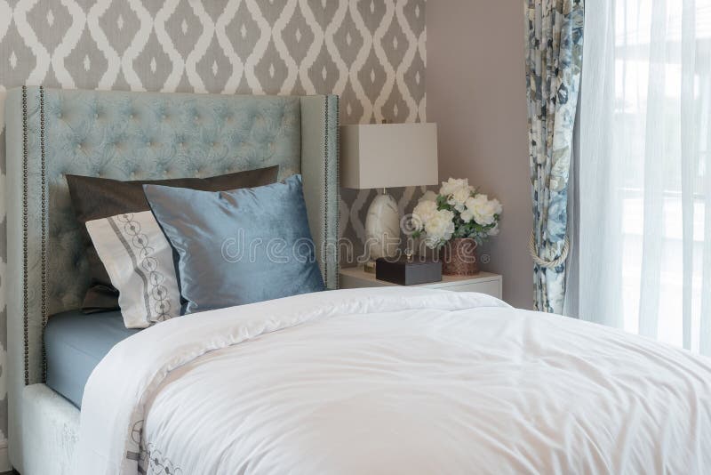 Luxury Bedroom with Classic Single Bed and Set of Pillows Stock Image ...