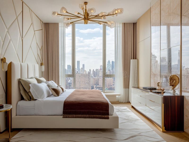 Luxury Bedroom Interior with City View, Modern Design Stock ...