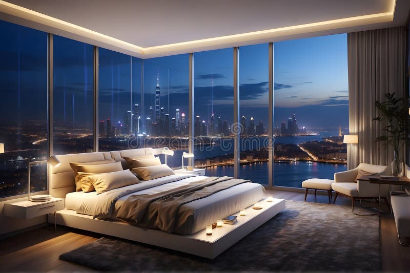 Luxury Bedroom Night City View from a Large Windows Stock Image - Image ...