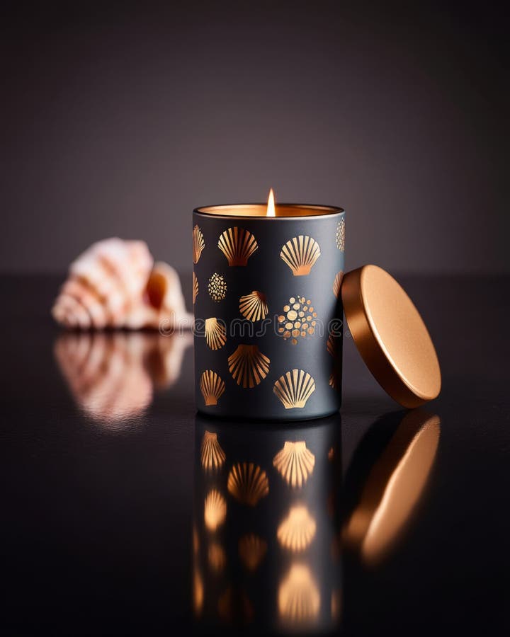 Luxury Black Candle with Golden Seashell Pattern and Soft Flame on ...