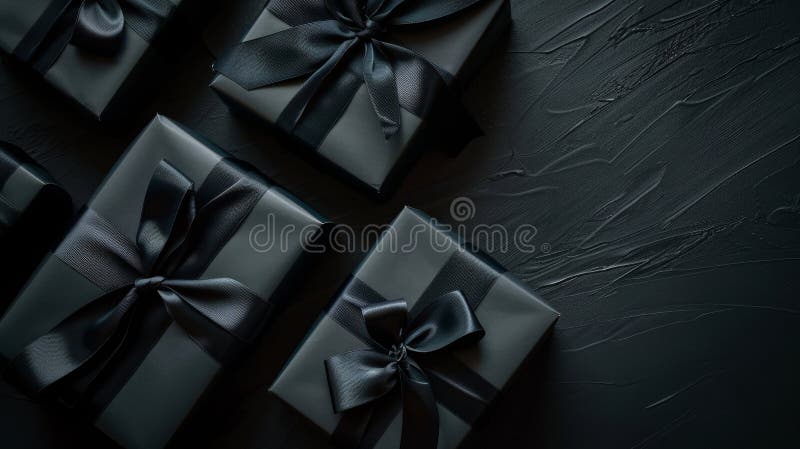 Luxury Black Gift Boxes with Satin Ribbons on Textured Dark Background ...