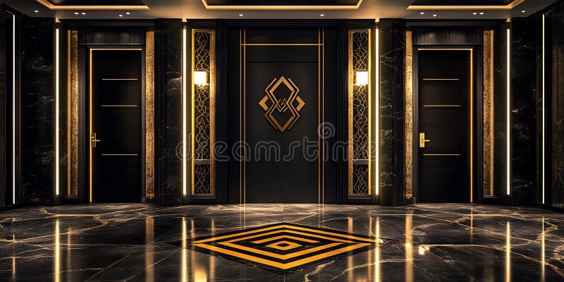 Luxury Black and Gold Elevator Lobby Interior Design Stock Illustration ...