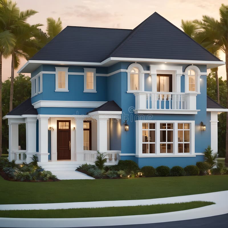 Luxury Blue House with White Columns and Balcony. Stock Illustration ...