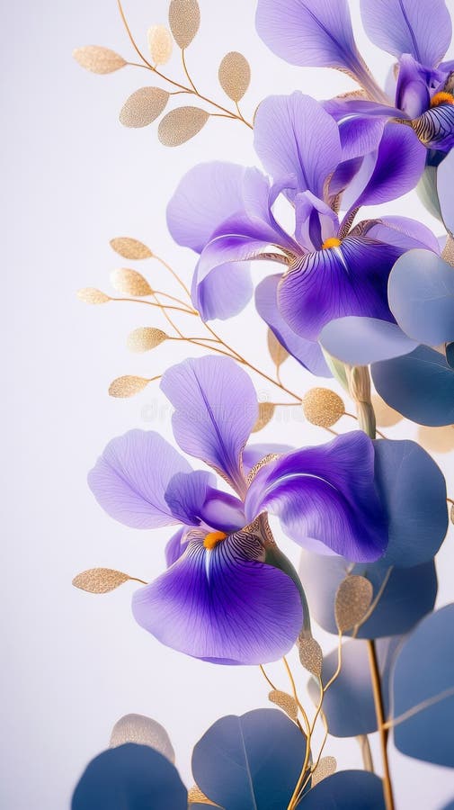 White Background: Blue Hydrangeas Framed by Golden Clouds Stock ...