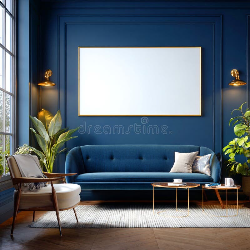 Luxury Blue Living Room Interior Design Modern Sofa Wall Decor Plants ...