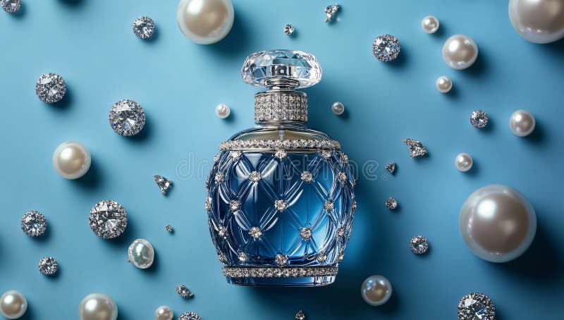 Luxury Blue Perfume Bottle with Diamonds and Pearls High Quality Image ...