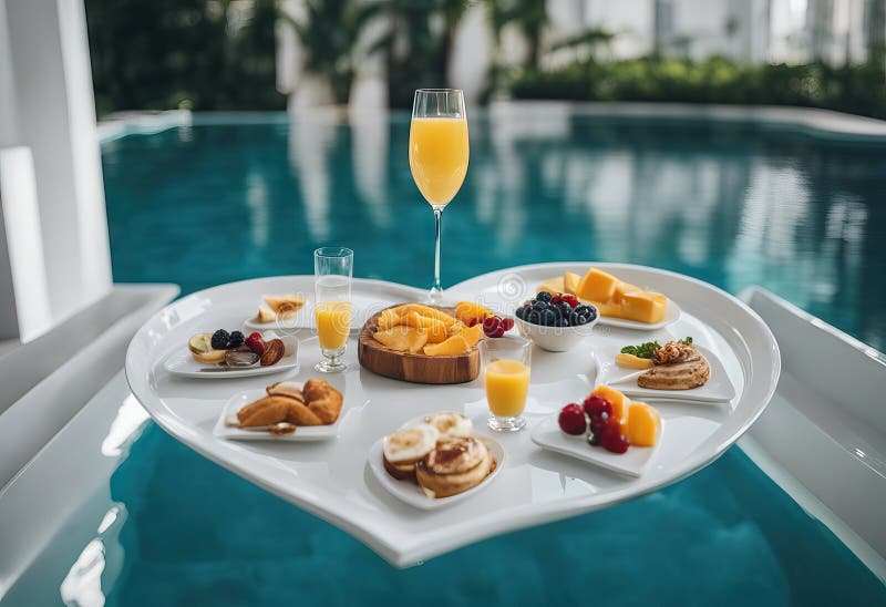 Luxury Breakfast Pool View Top Shaped Heart Floating Resort Tray White ...
