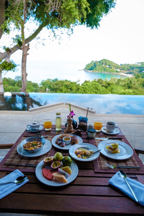 Luxury Breakfast with a View at the Pool and Ocean in Thailand Stock ...