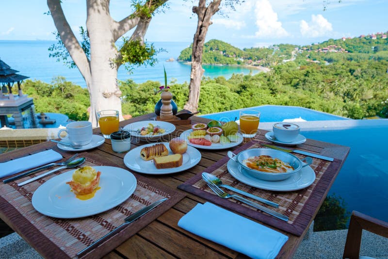 Luxury Breakfast with a View at the Pool and Ocean in Thailand Stock ...