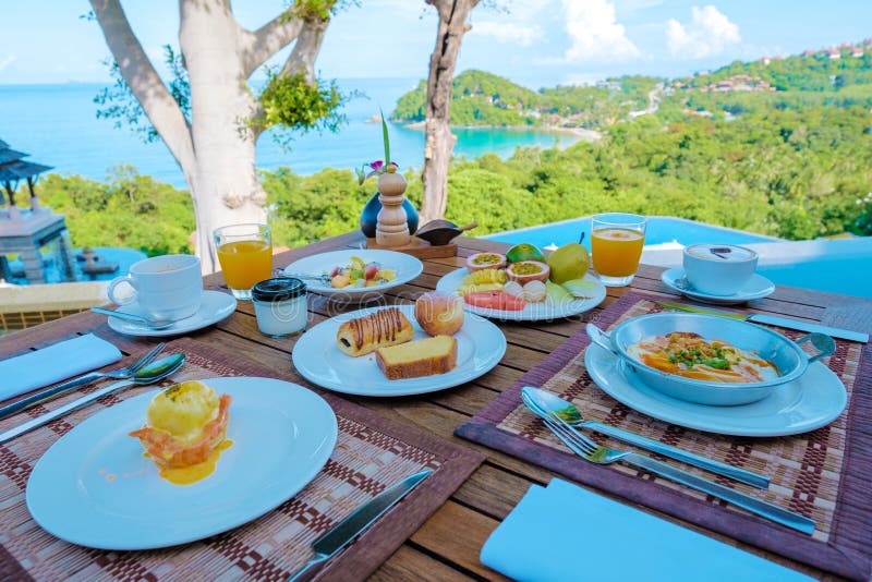 Luxury Breakfast with a View at the Pool and Ocean in Thailand Stock ...