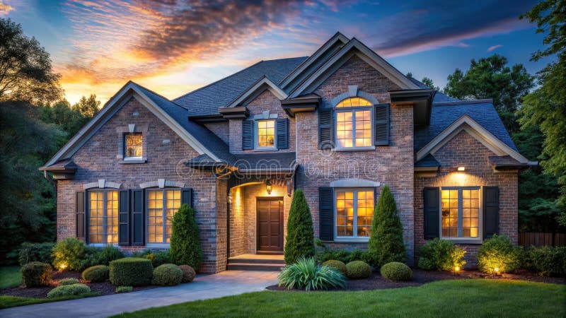 Luxury Brick Home at Dusk with Warm Lighting. Generative AI Stock ...