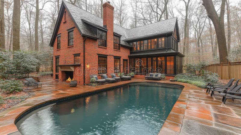 Brick House with Pool in the Woods Stock Photo - Image of deck ...