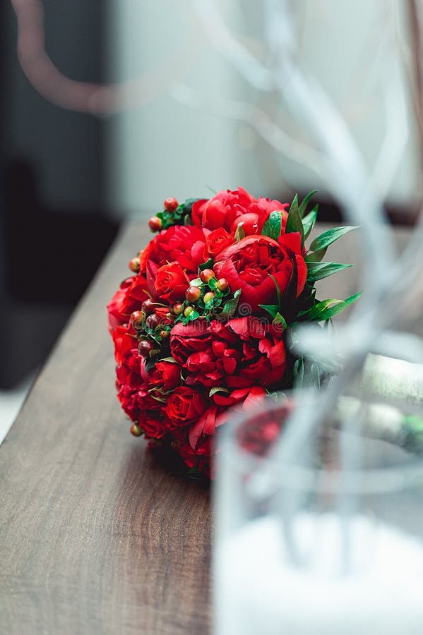 Luxury Bridal Bouquet Made of Red Roses and Peony Stock Photo - Image ...