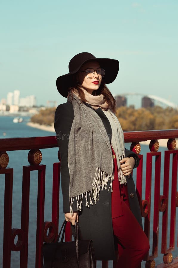Luxury Brunette Woman With Red Lips Wearing Black Hat Glasses A Stock