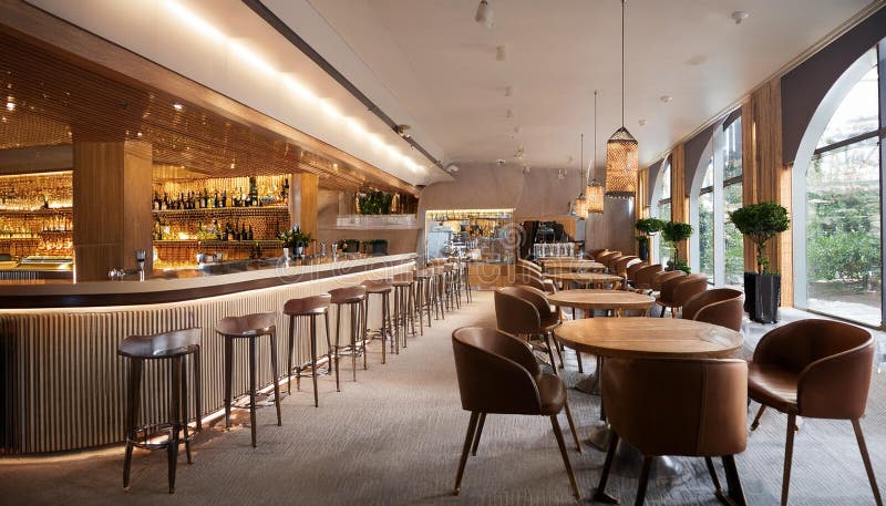 Luxury Cafe Interior with Bar Island and Dining Table with Chairs in ...