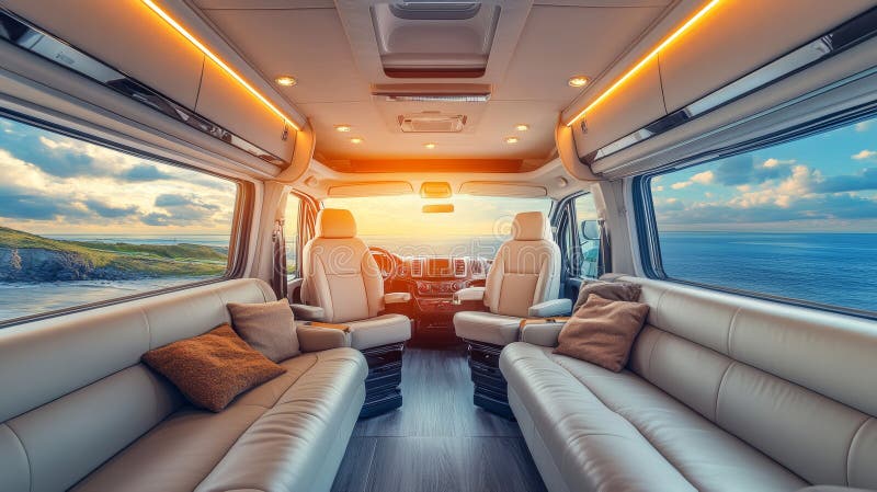Luxury Camper Van Interior with Open Living Space, Comfortable Seating ...