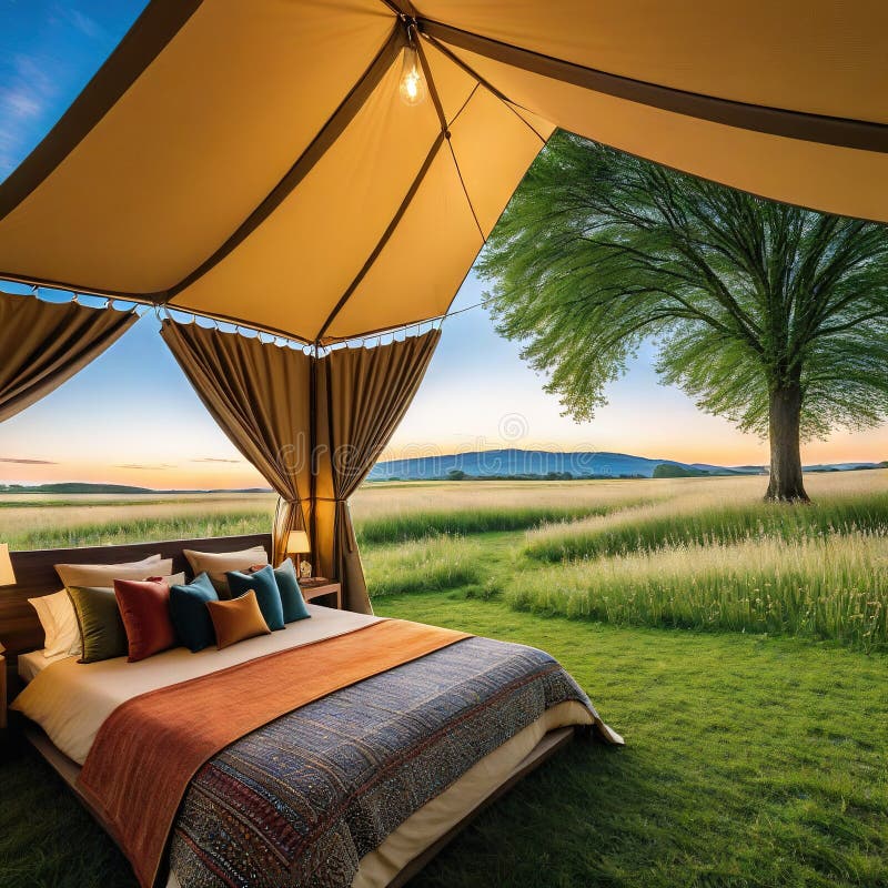 Luxury Camping Tent on Meadow for Stock Illustration - Illustration of ...