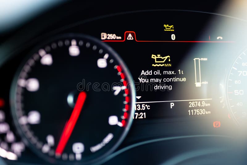 Luxury Car Color Screen Dashboard with Warning Message. Low Engine Oil ...