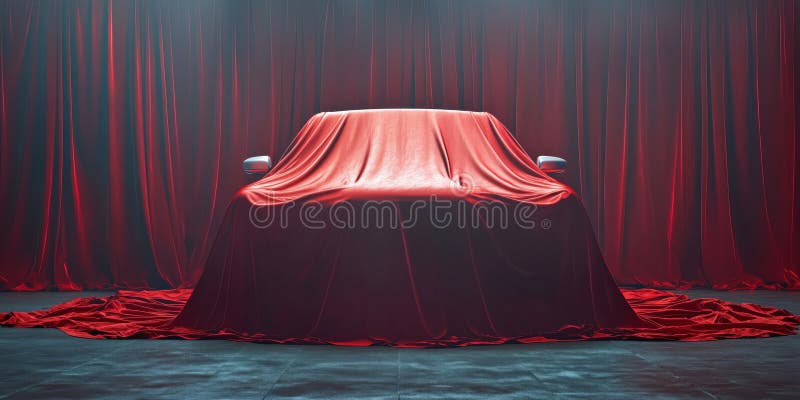 Luxury Car Covered with Red Fabric in Dramatic Lighting for Unveiling ...